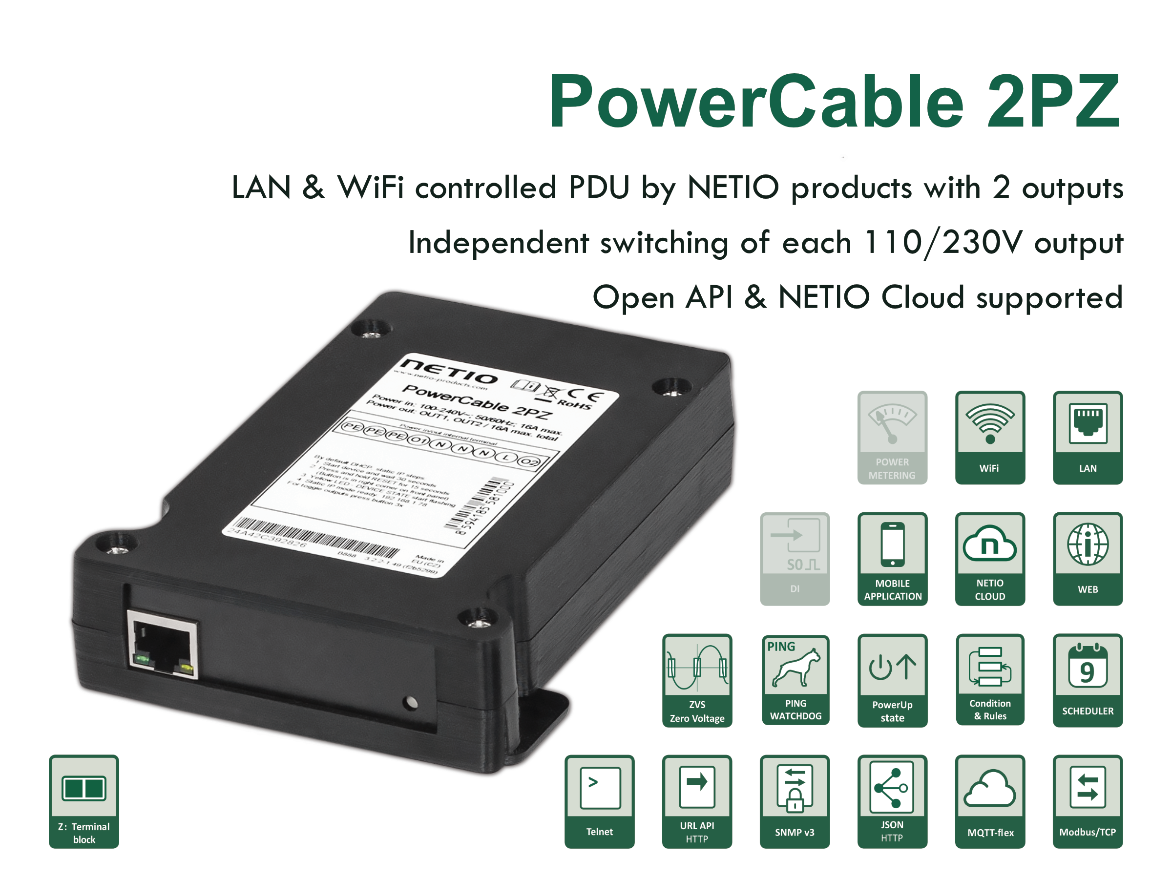 PowerCable 2PZ, dual output 230V / 16A, LAN, WiFi