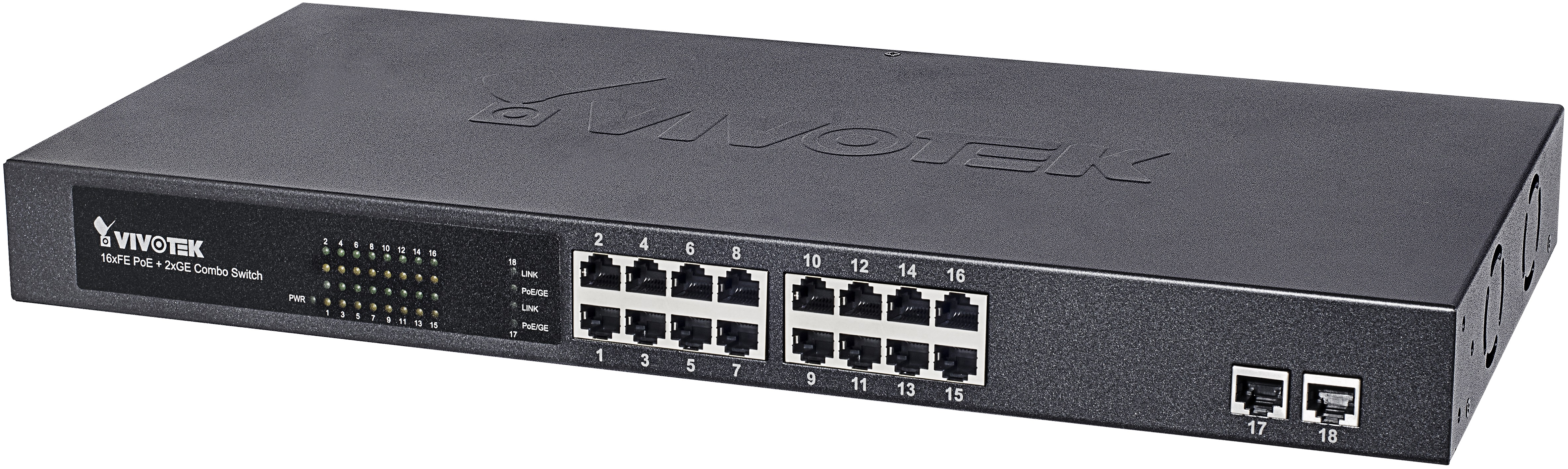 Vivotek 16 Port PoE Switch, 16x FE PoE, 2x GE Combo Switch, 250W.